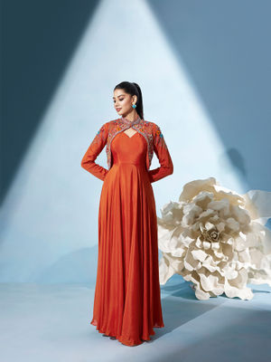 Buy Qunic Orange Sunset Ember Gown with Crop Jacket (Set of 2) (S) Online
