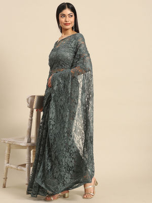 Buy Akhilam Womens Net Grey Embellished Celebrity Saree with Unstitched Blouse Online