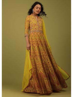 Buy KALKI FASHION Lemon Yellow Printed Anarkali (Set of 3) Online