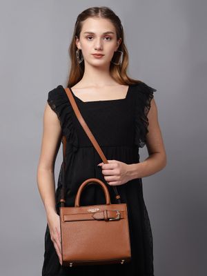 Buy Carlton London Tan with Gold Buckle Detail Medium Satchel Bag Online