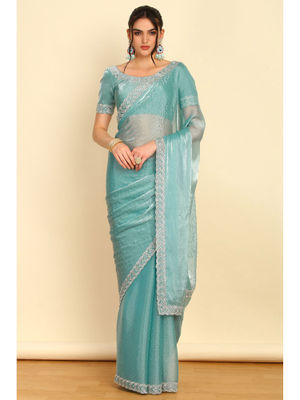 Buy Soch Turquoise Blue Stone Embellished Organza Saree with Unstitched ...