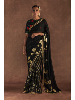 Buy Masaba Black Spring Bud Saree with Unstitched Blouse Online