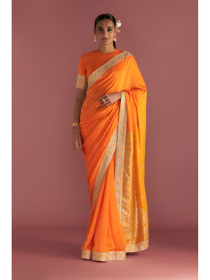 Buy Masaba Orange Colour-Block Brocade Saree with Unstitched Blouse online