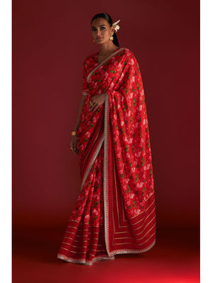 Buy Masaba Red Rain Lily Saree with Unstitched Blouse Online