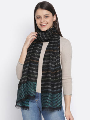 Buy Shingora Black Pure Wool Woven Design Fringed Women Stole Online