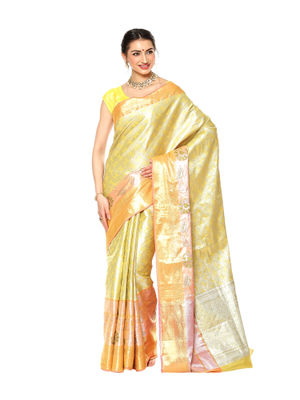 Buy Banarasi Silk Works Yellow Kanchi Silk Jamdani Tissue Paithani ...