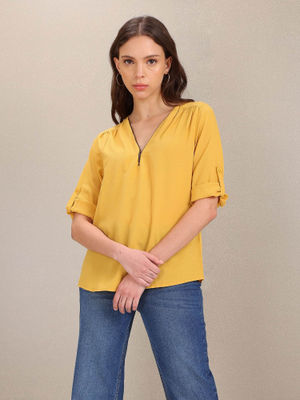 Buy U.S. POLO ASSN. Women Yellow Convertible Cuff Solid Top Online