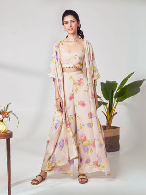 Buy Prose Stories Beige Floral Printed Cape with Bustier and Palazzo ...