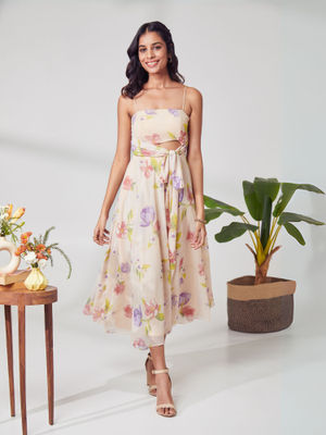 Buy Prose Stories Beige Soft Floral Printed Midi Dress (XS) Online