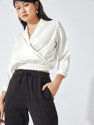 Buy The Label Life Ivory Satin Wrap Crop Top Online