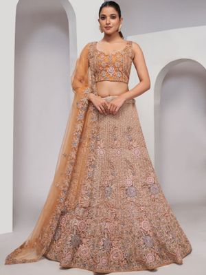 Buy Odette Rust Soft Net Embroidered Semi Stitched Lehenga With ...