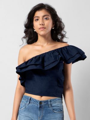 Buy Faballey Navy Ruffled One Shoulder Top online