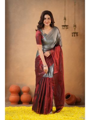 Buy Sutisancha Women Grey Tissue Colorblock Saree with Unstitched ...