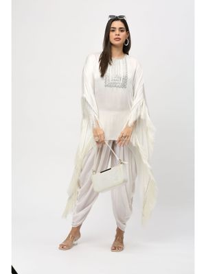 Buy Neha Mehra Ivory Fringe Modal Kaftan with Dhoti Pants (Set of 2) Online