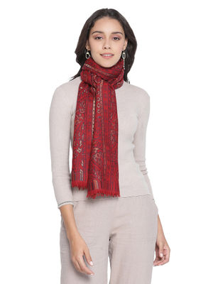 Buy Shingora Maroon Wool Blend Woven Design Fringed Women Stole Online