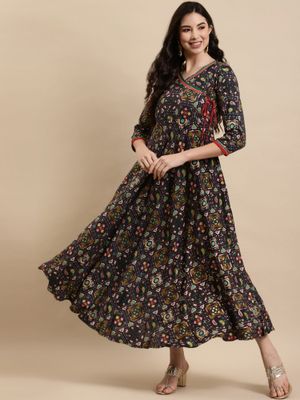 Buy Rangmayee Women Navy Blue and Red Gotta Patti Foil Printed Angrakha ...