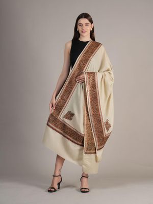 Buy MUFFLY Silky Pashmina Fine Wool Nalki Border Embroidered Needle Off ...