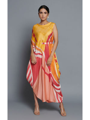 Buy Vedika M Yellow Printed Drape Dress with Belt (Set of 2) (XS) Online