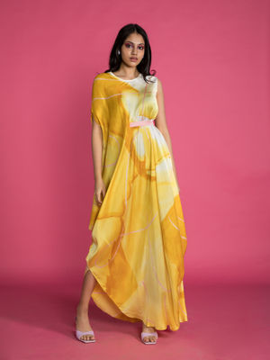 Buy Vedika M Yellow Printed Sleeveless Drape Dress with Belt (Set of 2) (XS) Online