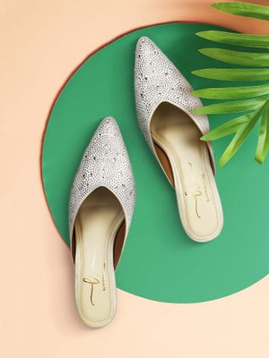 Buy London Rag White Rhinestone Embellished Party Mules Heels (UK 3) Online