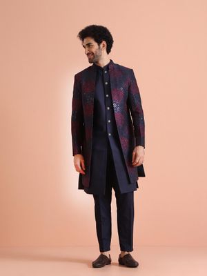 Buy KISAH Navy Embellished Long Jacket with Sherwani and Trouser (Set ...