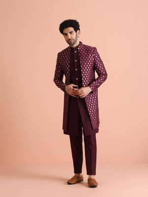 Buy KISAH Wine Long Jacket with Sherwani and Trouser (Set of 3) (38) Online