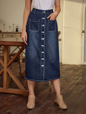 Buy KOTTY Blue Washed Denim Straight Midi Skirt (30) Online