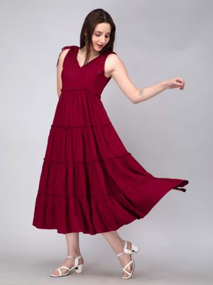 Buy Kasya Solid Maroon Tier Dress with Full Bottom Online