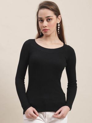 Buy NOBARR Womens Acrylic Full Sleeve Boat Neck Ribbed Black Top Online