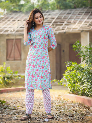 Rennede Kurta Set : Buy Rennede Womens Cotton Printed Kurti Pant ...