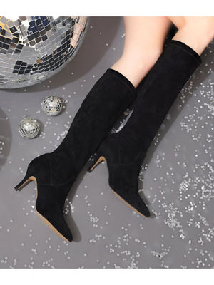 Buy Saint G Jemima Black Stretch Suede Kitten Heel Knee High Boots Online