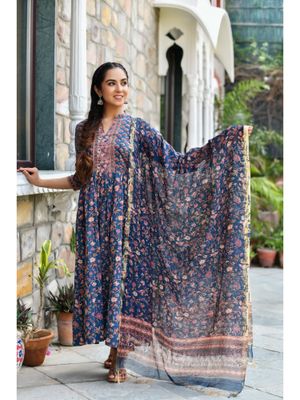 Buy Jaipuri Adaah Queen Blue Handblock Gher Kurta with Pant and Dupatta ...