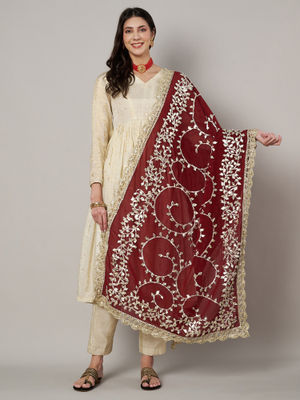 Buy MUFFLY Maroon Georgette Handcrafted Dupatta with Gotta Patti Work ...