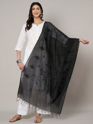 Buy MUFFLY Women Embroidered Chanderi Cotton Black Dupatta Online