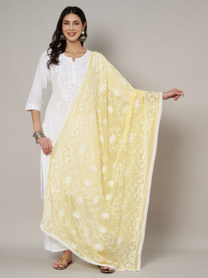 Buy MUFFLY Women Embroidered Chiffon Yellow Dupatta Online