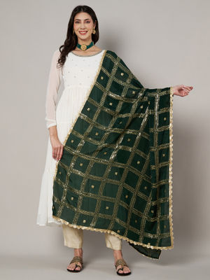 Buy MUFFLY Green Chinnon Dupatta with Sequence Embroidery Work Online
