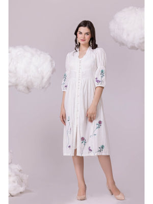 Buy Naina Arunima White Lotus-flamingo Print & Embroidered Smocked ...
