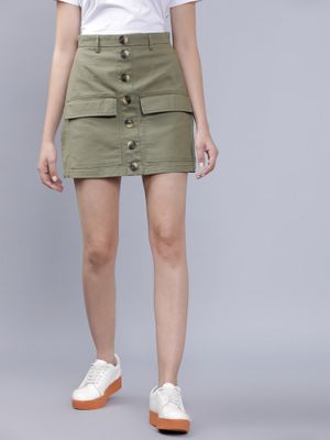 Buy TOKYO TALKIES Women Olive Green Solid A-Line Mini Pure Cotton Skirt ...