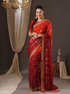 Buy Akhilam Womens Georgette Red Embroidered Design Celebrity Saree with Unstitched Blouse Online