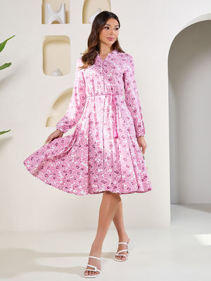 Buy Styli Women Pink Floral AOP Mandarin Collar Knee Length Dress With ...