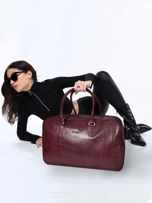 Buy Sassora Maroon Premium Leather Women Weekender Duffle Bag (L) Online