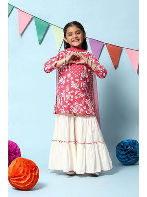 Buy Biba Berry Pink Cotton Straight Kurta Sharara Suit (Set of 3) Online