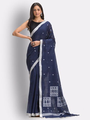 Buy Angoshobha Navy Blue Handloom Cotton Jamdani Saree with Unstitched ...