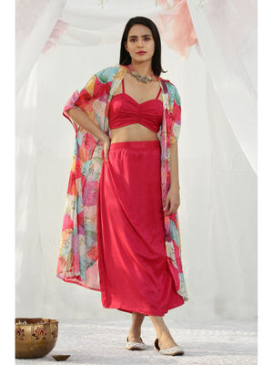Buy SEW Hot Red Crop Top with Skirt and Printed Cape (Set of 3) (XS) Online