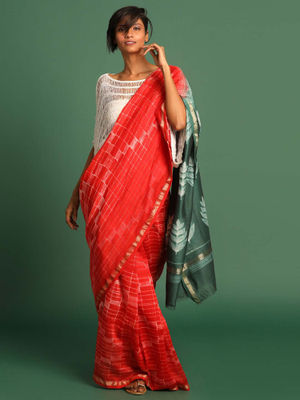 Buy Indethnic Cotton Silk Red Checks Saree with Unstitched Blouse Online