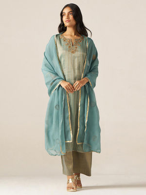 Buy Ganga Fashions Mineral Blue Woven Tissue Festive Kurta with Pant ...