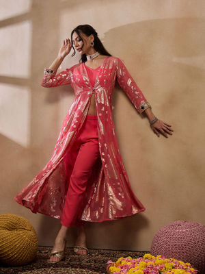 Buy Mabish By Sonal Jain Coral Shrug with Crop Top and Pants (Set of 3 ...