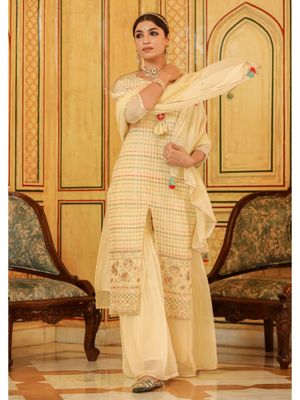 Buy Zolo Label Cream Long Kurta Sharara with Dupatta (Set of 3) Online