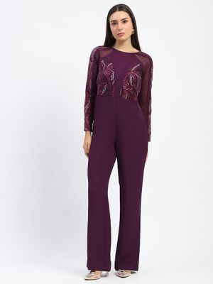 Buy Madame Plum Embellished Mesh Wine Jumpsuit with Full Sleeves (S) Online
