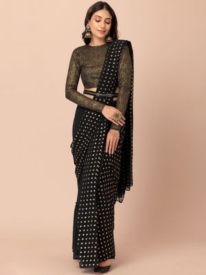 Buy Indya Black Boota Foil Print Pre-stitched Saree With Belt Online